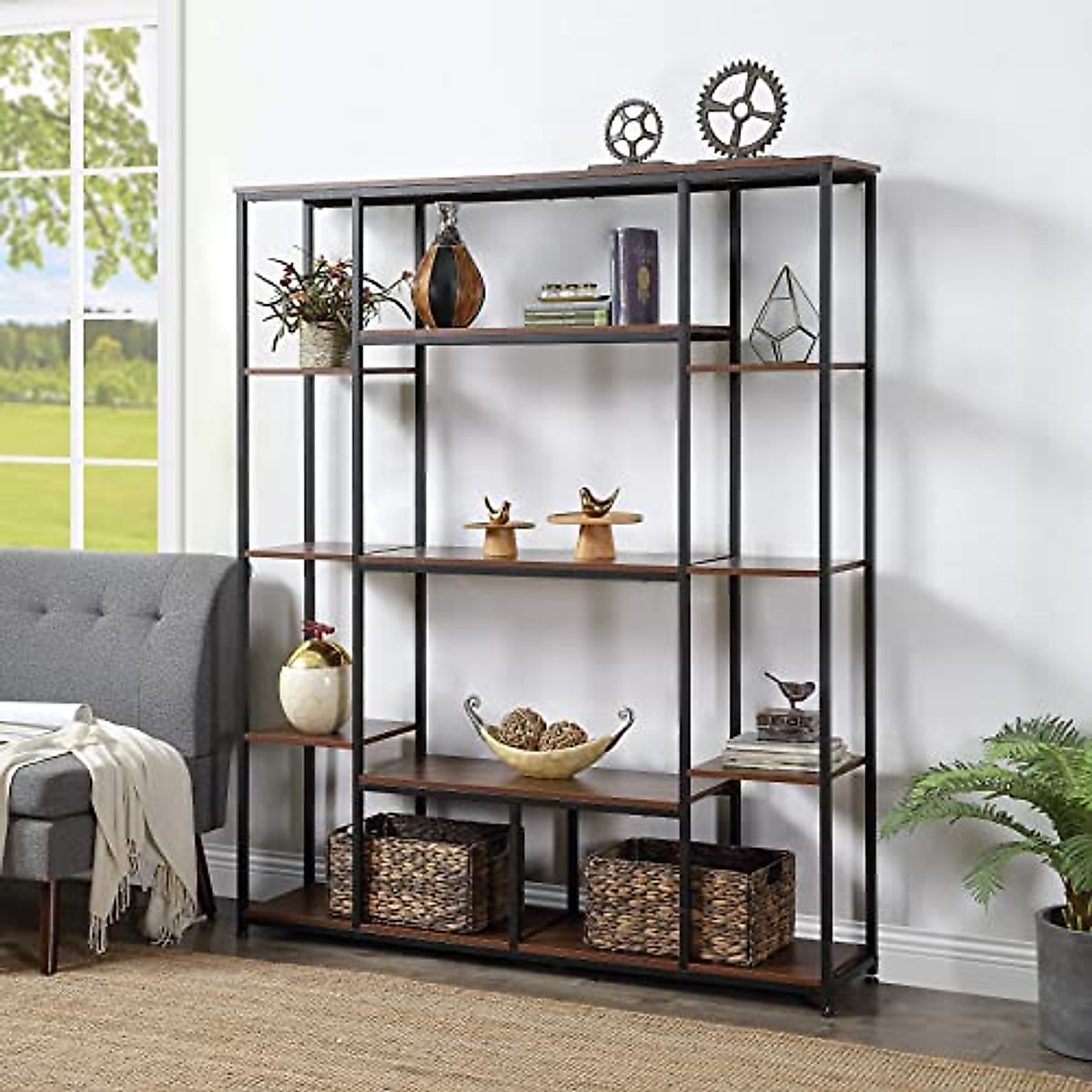 5 Tier Bookshelf, Industrial Tall Bookcase, Rustic Freestanding Storage Shelf for Living Room, Bedroom and Home Office, Metal Frame, Display Décor Furniture