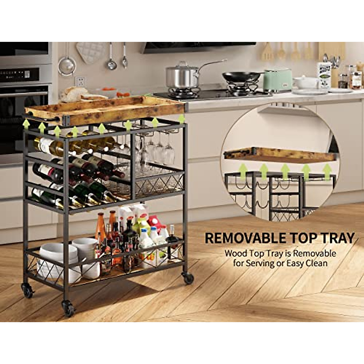 Gizoon 3 Tier 38" Home Bar Serving Cart with Large Storage Space, Mobile Kitchen Storage Trolley with Lockable Wheels, 12 Wine Rack, Glass Holder, Removable Tray (Retro)