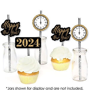 Big Dot of Happiness New Year's Eve - Gold - Paper Straw Decor - 2024 New Years Eve Party Striped Decorative Straws - Set of 24