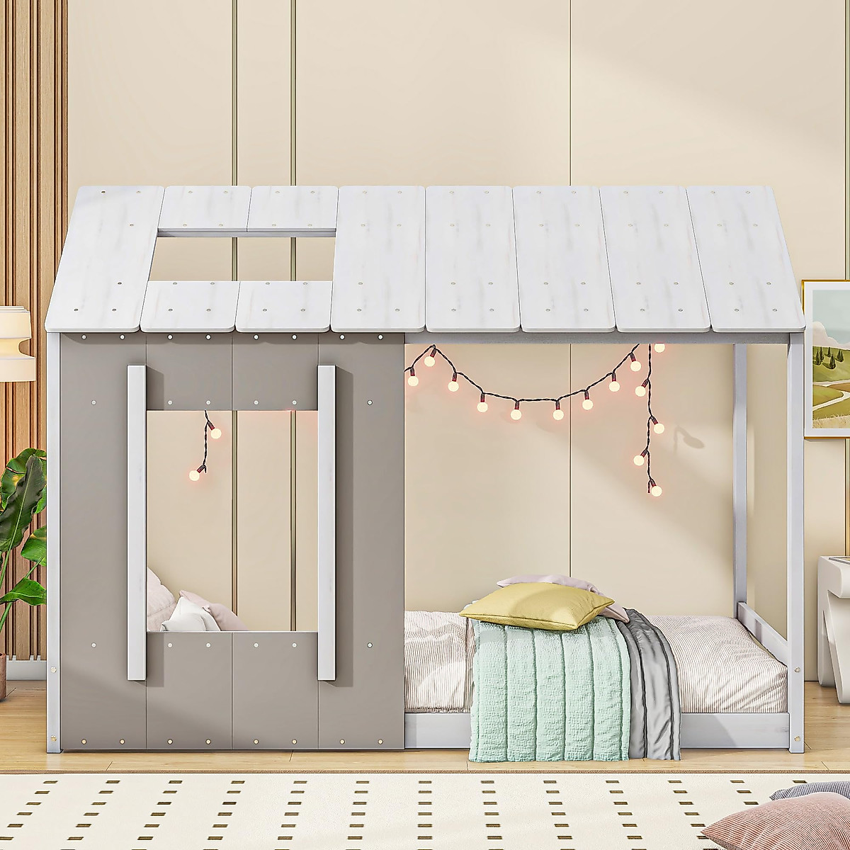 Bellemave Twin House Bed Wood Kids Floor Frame Cottage Style Cabin Beds Rustic Design Playhouse with Roof and Window for Girls Boys Teens Children, Antique Gray