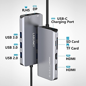 Lasuney Triple Display 10 in 1 USB Type C HUB with to 2 HDMI, Displayport, PD3.0, Ethernet, 3 USB Ports, SD/TF, Multiport Adapter Docking Station Dongle for Laptop