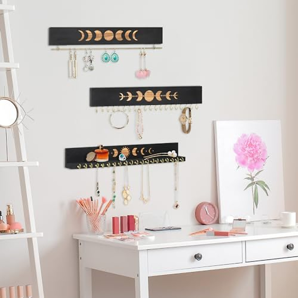 Y&ME YM Jewelry Holder Organizer Wall Mount Set of 3, Hanging Bracelet Necklace Ring Earring Holder Organizer, Wood Floating Shelves for Wall Décor, Sunglass Organizer, Moon Shelf for Crystal Display