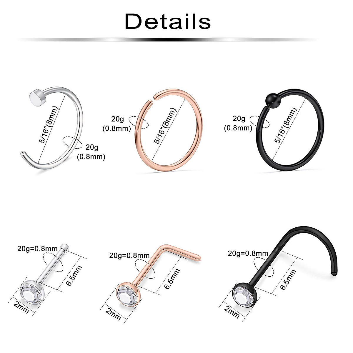 Ftovosyo 20g Nose Rings Studs Surgical Steel Nose Rings Hoop Piercing Jewelry for Women Men Set 45pcs Silver Rose Gold Black L Shaped Screw Nose Stud