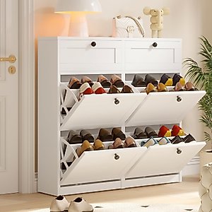 VOWNER Shoe Cabinet with 4 Flip Drawers & 2 Drawers, Freestanding Shoe Storage Cabinet with Adjustable Shelves, Shoe Organizer for Entryway, Hallway, Living Room, White