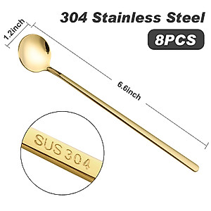 YALLMISYWELL Upgraded Coffee Spoons, 8PCS 6.6Inches Espresso Spoons, Stirring Spoons, Gold Teaspoons, Tea Spoons Long Handle, Ice Tea Spoons, 304 Stainless Steel Dessert Spoons