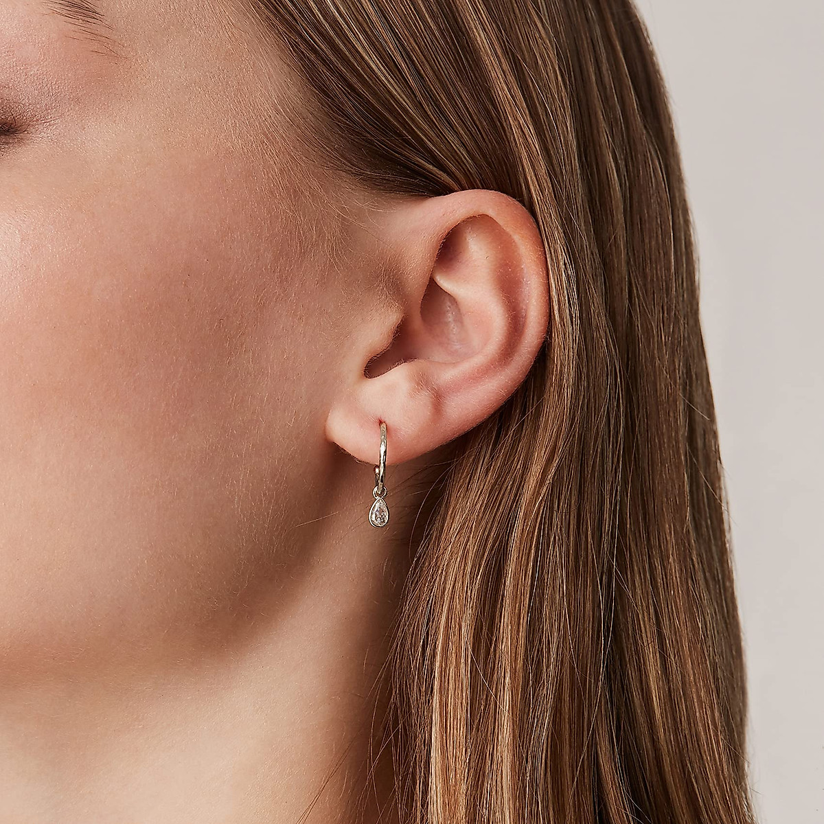 PAVOI Rhodium Plated 925 Sterling Silver Post Dangle Huggie Hoop Earrings For Women - Trendy Pear Shaped Cubic Zirconia Drop Open Hoop Earrings - Small Hinged Hammered Huggies