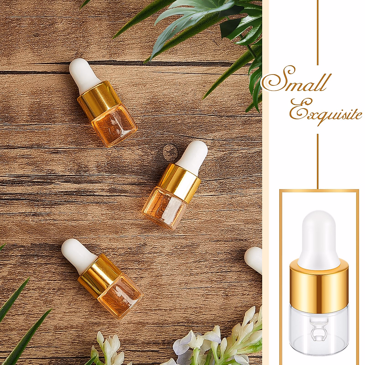 Didaey 100 Pcs Mini Glass Dropper Bottle Bulk Clear Essential Oil Dropper Bottles Small Tincture Bottles with Dropper Sample Containers Perfume Liquid Vials with Cap for Traveling(1 ml,Gold)