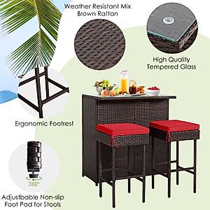 Toolsempire 3 Pieces Patio Bar Set Outdoor Bar Set, Wicker Bar Set with Tempered Glass Table-Top & Two Stools, Outdoor Furniture Bistro Set for Porch, Poolside, Backyard, (Red)