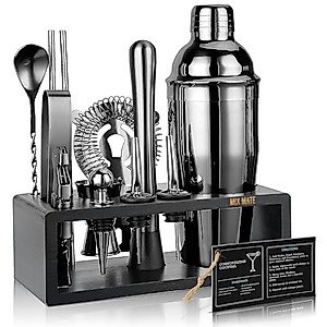 Black Stainless Steel Cocktail Shaker Set with Wood Stand - 15 Piece Bartender Kit with Drink Shaker, Bar Spoon, Jigger, Muddler, Strainer, Bottle Opener, Stopper, Pour Spout, Stirrers, Tongs, Recipes