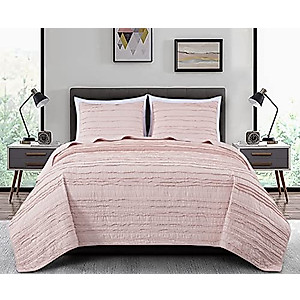 Chezmoi Collection Katy 3-Piece Frayed Edge 100% Washed Cotton Quilt Set - Soft-Finished Lightweight Bedspread All Season Bedding, King, Blush