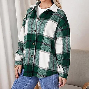 TIFZHADIAO Womens Button Down Wool Blend Coat 2022 Fall Plaid Shacket Casual Lapel Brushed Jackets Outwear with Pockets
