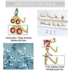 Sanfenly 12Pcs 20G Dangle Nose Studs for Women Stainless Steel L Shaped Nose Studs CZ Cherry Snake Heart Butterfly Flower Moon Dangling Nose Piercing Jewelry