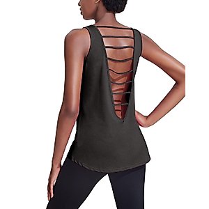 PINSPARK Workout Tops for Women Open Back Tank Sleeveless Athletic Tennis Shirts Womens Yoga Tops Black
