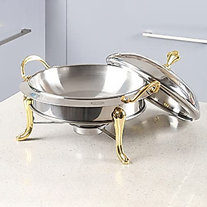 Chafing Dish Set of 2 Pcs Stainless Steel Round Durable Buffet Warmer Tray Durable Frame with Lid and Chafing Fuel Holder for Kitchen Party Dining Buffet-Without Water Pan (2 pack with handle)