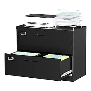 RAVIGIN 2 Drawer File Cabinet with Lock,Lateral Metal Black Filing Cabinets for Home Office 36" Wide Hanging Letter/Legal/F4/A4 Size (Require Assembly)
