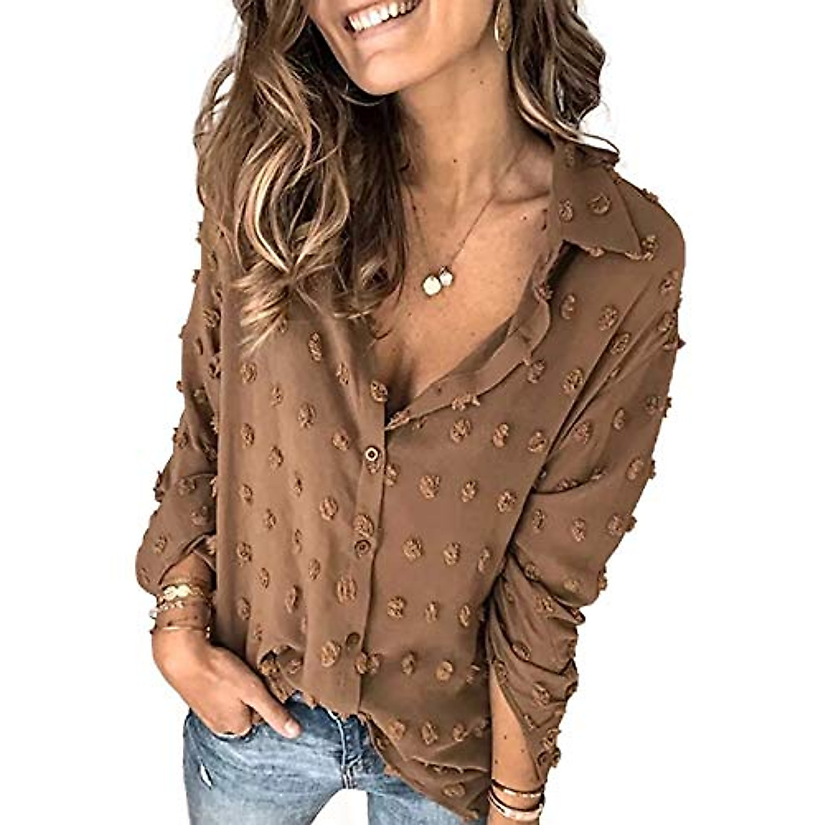 Astylish Womens Soft Cuffed Sleeve Pompom Collar Shirts Long Plus Size Button Down Blouse Tops Brown Small