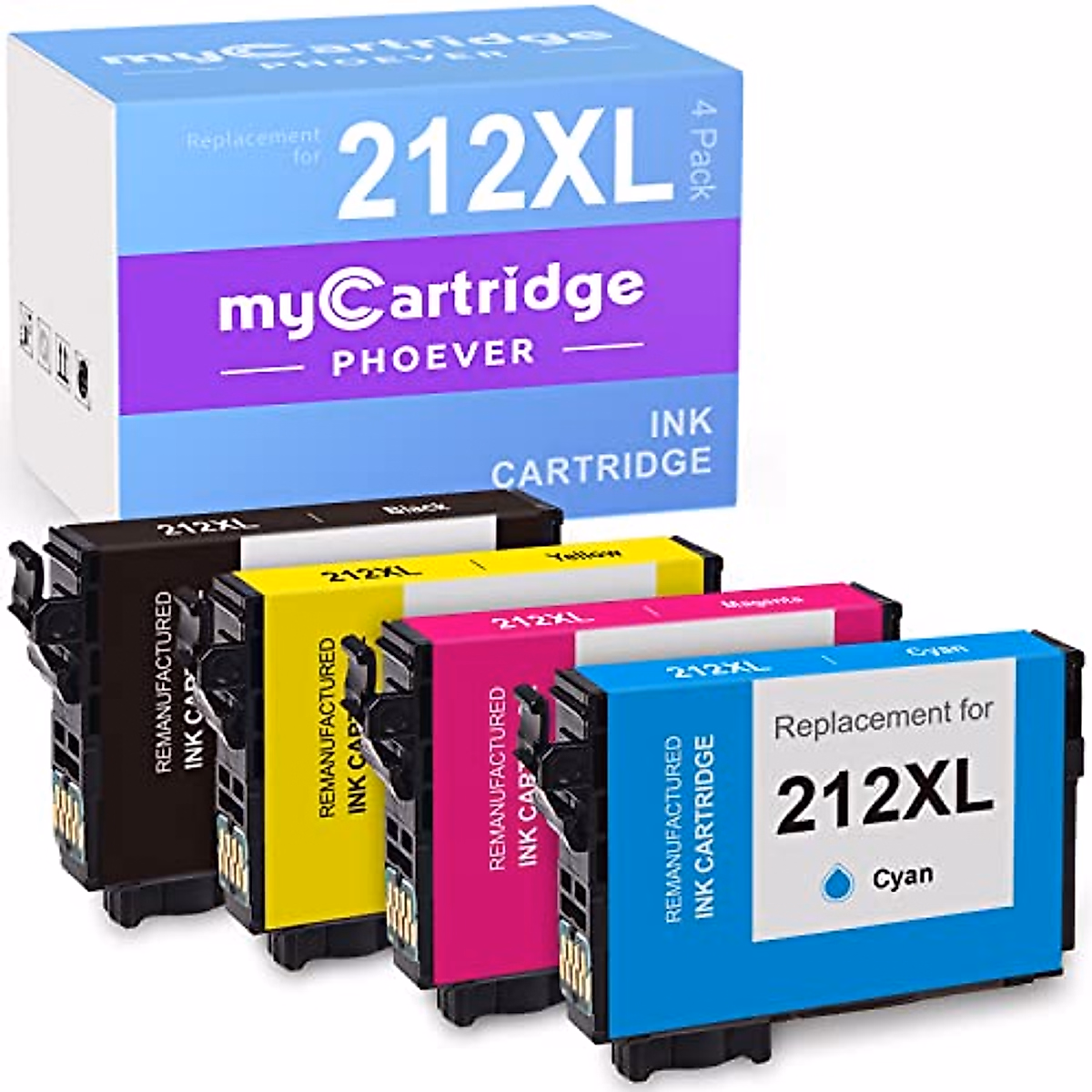 myCartridge PHOEVER 212XL Ink Cartridge Remanufactured Ink Replacement for Epson 212 XL T212XL for Workforce WF-2850 WF-2830 Expression XP-4100 XP-4105 Printer, 212XL Black,Cyan,Magenta,Yellow Ink 4P