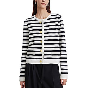 GOELIA Women's Striped Short Cardigan Sweater, Crewneck Button Up Knit Wool Sweaters