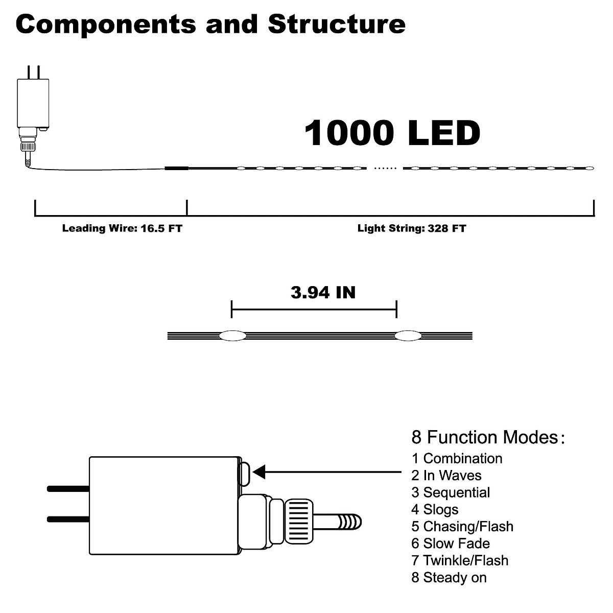 WATERGLIDE Extra Long 328 FT Fairy String Lights, 1000 LED Outdoor Green Wire Christmas Lights, Plug in Mini Light 8 Modes & Waterproof for Outside Xmas Tree Holiday Wedding Party Decor, Multicolor