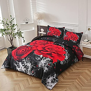 Djoymock Rose Duvet Cover Set Queen Red Floral Printed Bedding Set 3 Pieces Reversible Soft Microfiber Romantic Comforter Cover Set Home Decor for All Season (1 Duvet Cover + 2 Pillowcases) 90"x90"