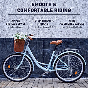 Womens Cruiser Bikes, Defective, 26 Inch Womens Bike with Front Basket, Beach Cruiser Bike for Short Women with Rear Rack, Adjustable Step Through Bike, Commute Bike Bicycle for Women Adults, Blue