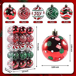 pyntop 30 PCS Christmas Balls Ornaments, 2.36'' Red Green White Christmas Balls, Shatterproof Xmas Balls Decoration for Christmas Tree, Painting & Glittering Christmas Hanging Ball for Party Event