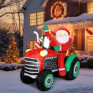 Retisee 5 Feet Tall Christmas Inflatable Santa Claus Drive Tractor with Penguin LED Holiday Outdoor Blow up Yard Decorations with Lights for Christmas Party Indoor Family Garden Lawn Decor