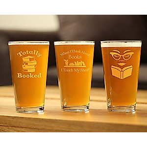 When I Think About Books I Touch My Shelf - Funny Book Club Pint Glass Beer Gifts for Lovers of Reading - 16 oz Cup