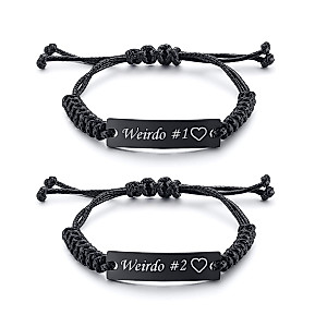MZZJ Weirdo #1&Weirdo #2 His&Hers Matching Couple Bracelet Handmade Rope Cord with Black Polish Stainless Steel ID Tag Charm Adjustable Bracelet for Boyfriend Girlfriend