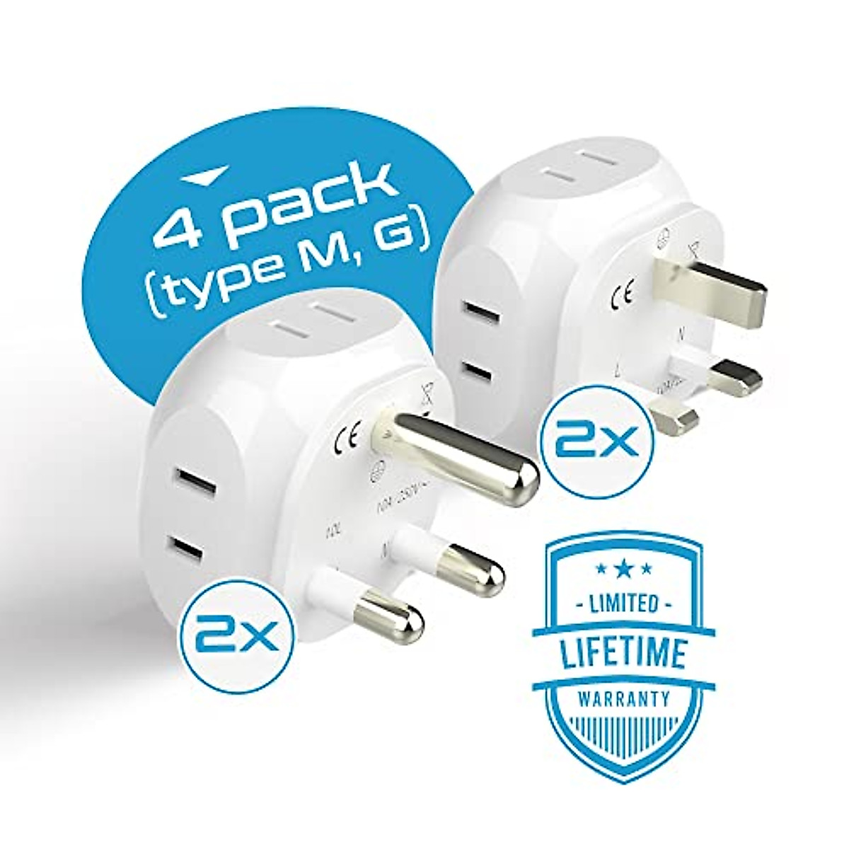 Ceptics South Africa Travel Plug Adapter Set - 4 Input - Ultra Compact - Light Weight - Type M and Type G - USA to Any Type M Countries Such as Botswana, Namibia - 4 Pack (PT-7-10L-4PK),White