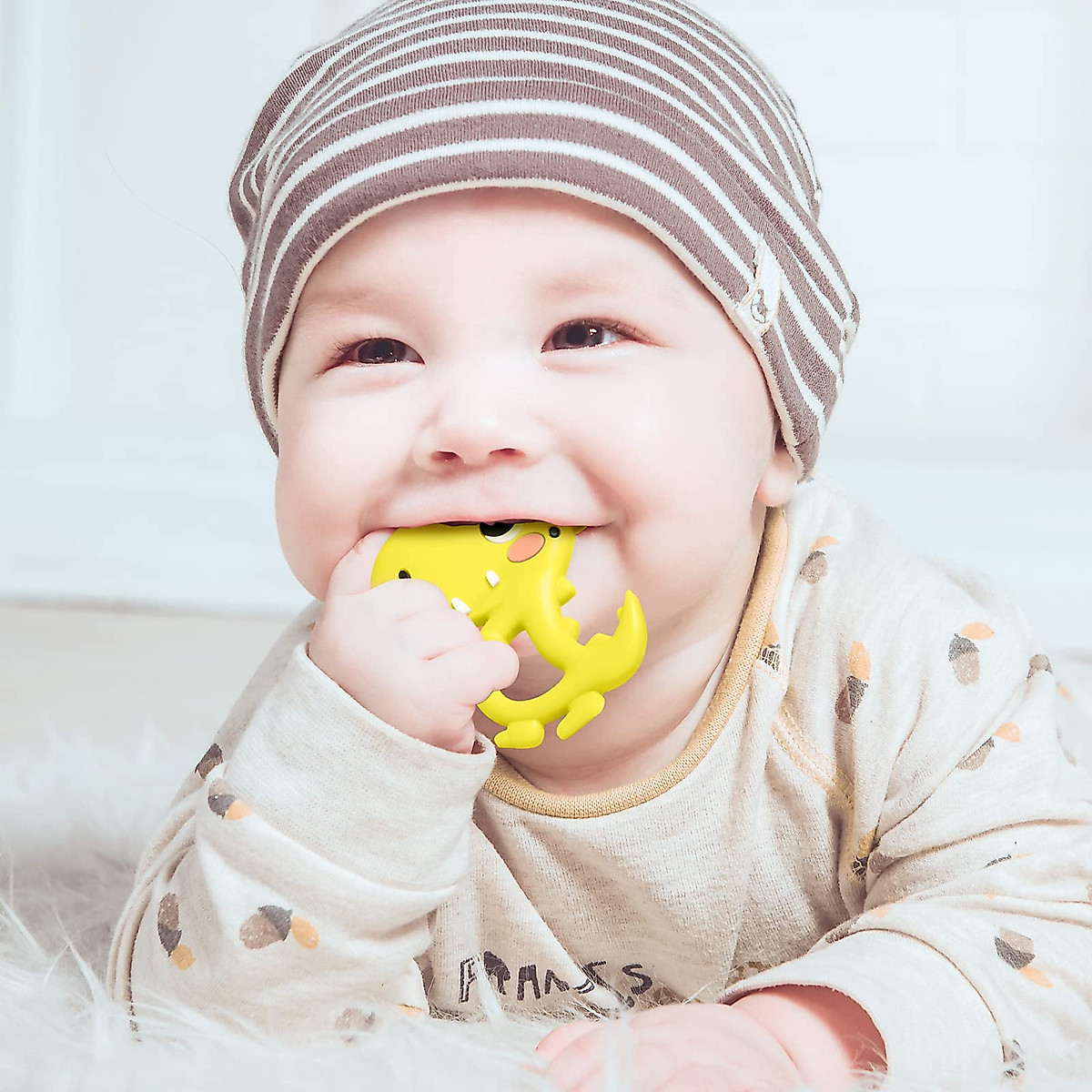 BBBiteMe Baby Teething Toys Silicone Dinosaur Baby Teethers for Babies 0-6, 6-12 Months, BPA-Free Teether Gifts Baby Shower Toy for Toddlers and Infants(Yellow)