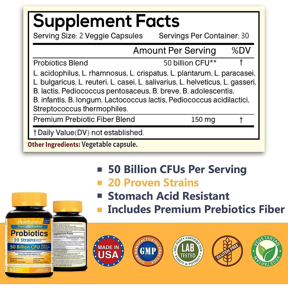 NewRhythm Probiotics 50 Billion CFU 20 Strains, 60 Veggie Capsules, Targeted Release Technology, Stomach Acid Resistant, No Need for Refrigeration, Non-GMO, Gluten Free