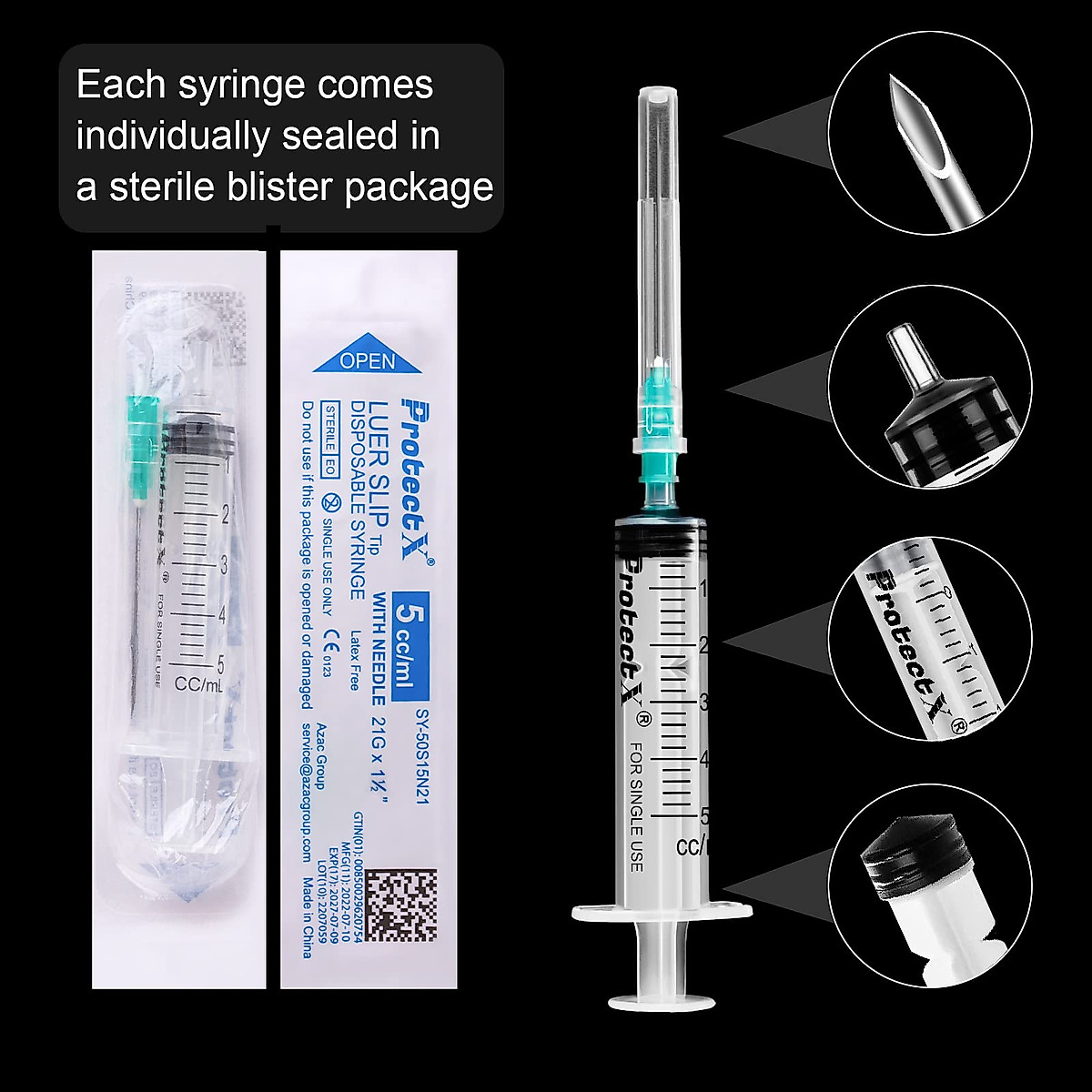 ProtectX 5ml Disposable Luer Slip Sterile Syringe with 21Ga 1.5” Needle, Individually Sealed, Smooth and Accurate Dispensing for Science Labs, 50-Pack