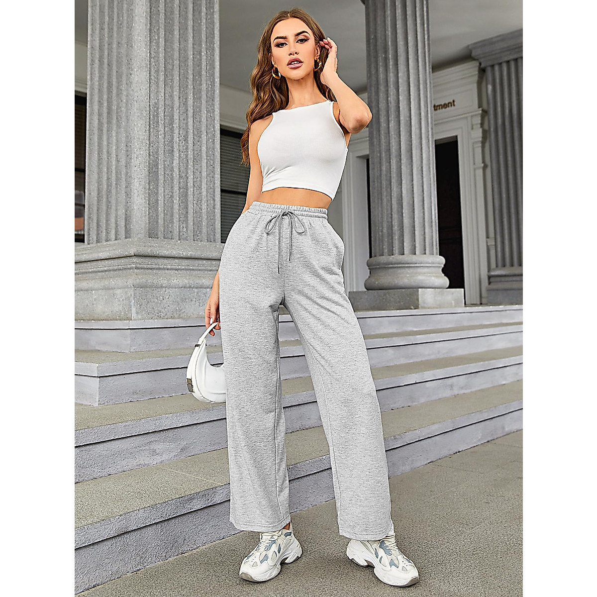 Verdusa Women's Drawstring Elastic Waist Straight Leg Sweatpants Joggers Grey L