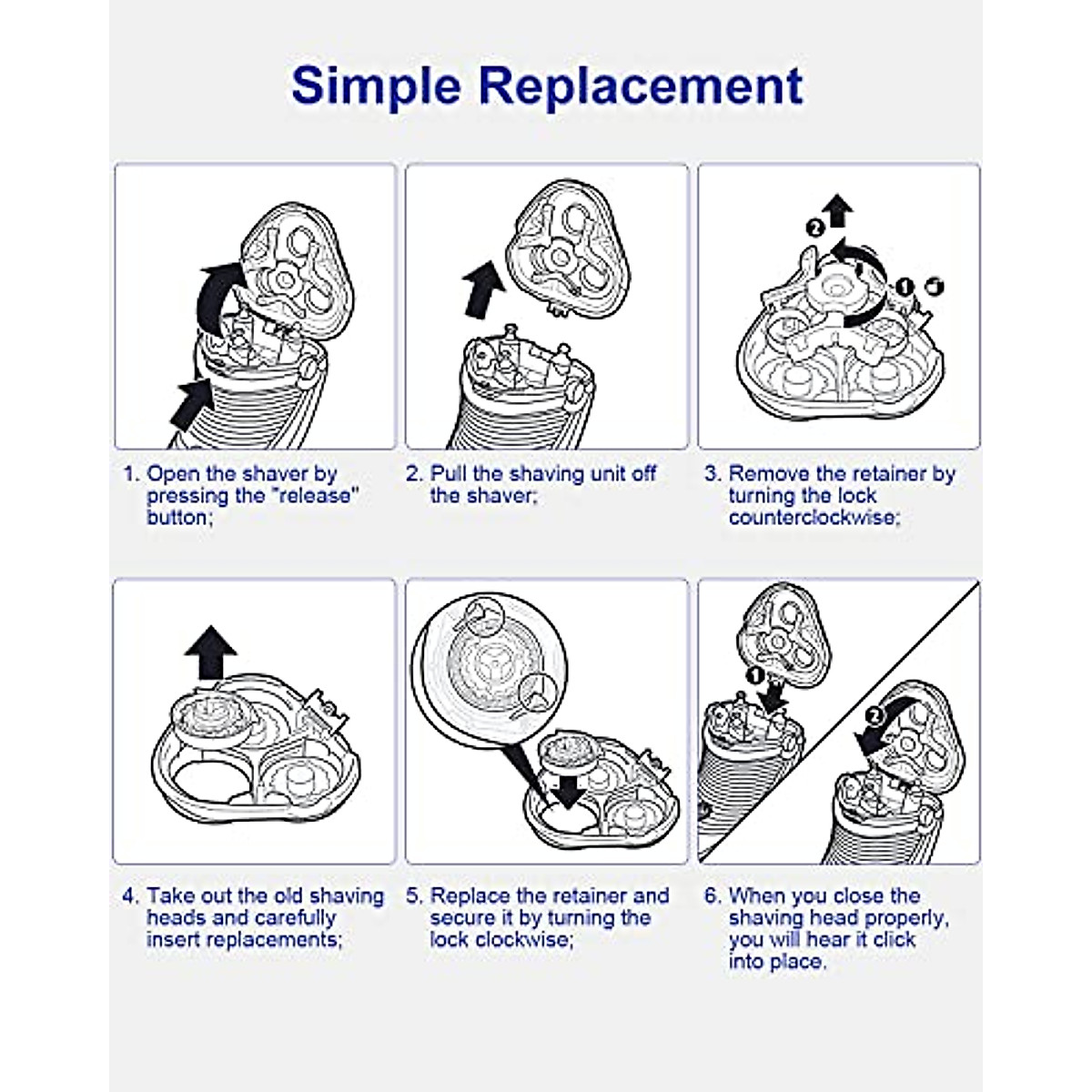 SH30 Replacement Heads Compatible with Shaver 2300 S1211/81, 3800 S3311/85, 3500 S3212/82, 2100 S1560/81, Series 3000 2000 1000 S738 Click and Style, 3Packs ComfortCut Shaving Heads, 1 Cleaning Brush