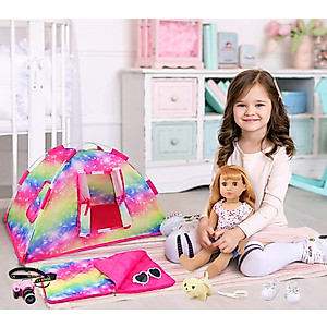 ZITA ELEMENT 7 Items Fashion Doll Camping Tent Set for 18 Inch Girl Doll Accessories - Including 18 Inch Doll Camping Tent, Sleeping Bag, Clothes Set, Shoes, Camera, EYE Glasses and Toy Dog