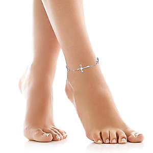 Cross Ankle Bracelet For Women, 925 Sterling Silver Charm Adjustable Foot Anklet, Large Cross Bracelet (One Cubic Zirconia Diamond Cross)