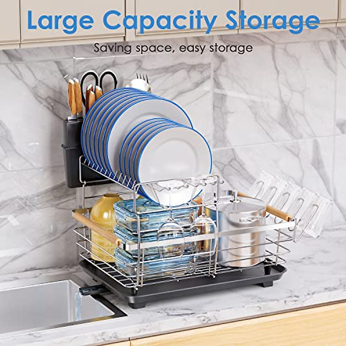 G-TING Dish Drying Rack, 2 Tier Detachable Dish Rack and Drainboard Set, Rust-Proof Drying Rack for Kitchen Counter, Large Capacity Dish Drainer with Utensils Holder and Cup Rack, Silver