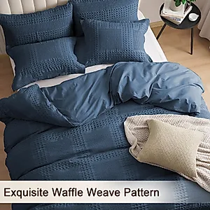 PHF 100% Cotton Waffle Duvet Cover Queen Size, 3 Pieces Soft Breathable Duvet Set for All Season, Pre-Washed Decorative Textured Comforter Cover with 2 Pillow Shams, 90"x92", Navy Blue