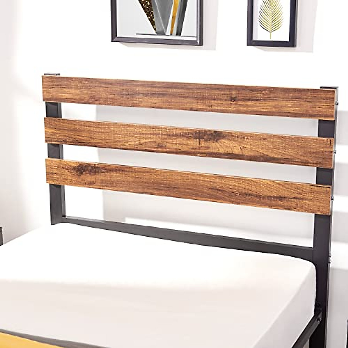 GreenForest Twin Bed Frame with Wooden Headboard Platform Bed with Metal Support Slats NO-Noise Heavy Duty Bed Industrial Country Style with 9 Strong Legs No Need Box Spring, Twin