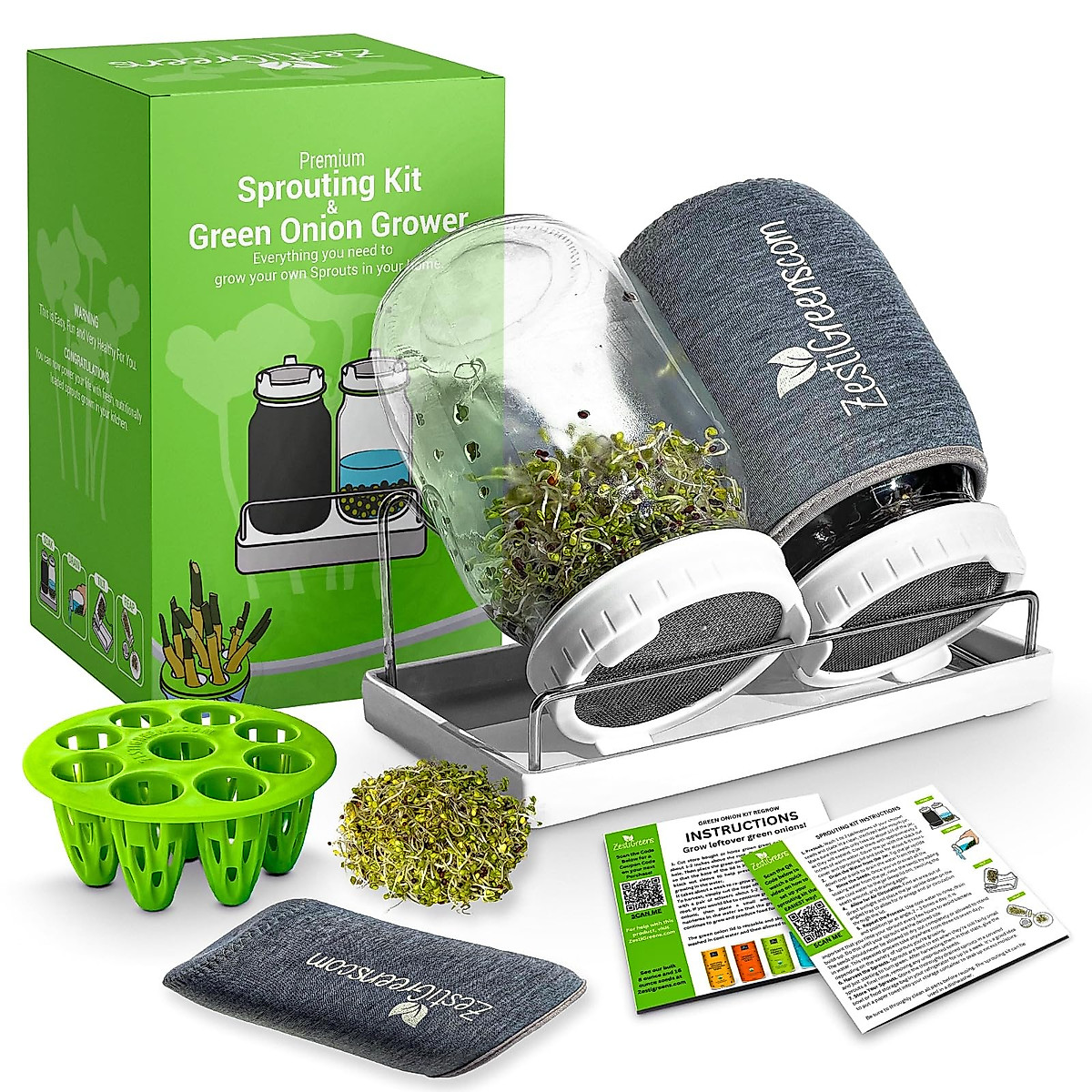 Premium Sprouts Growing Kit & Green Onion Regrower with 2 Mason Jars & Superior Sprout lids. Perfect Sprouter Set for Growing Broccoli, Alfalfa & Beans.