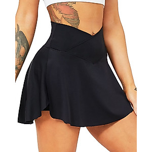 TZLDN Women's Tennis Skirt with Shorts Pockets Crossover High Waisted Workout Athletic Golf Skorts Skirts Black - X-Large