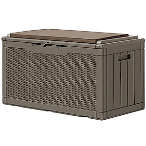 GUNJI 100 Gallon Resin Deck Box with Cushion,Outdoor Weatherproof Large Storage Box,Lockable Storage Container for Patio Furniture,Garden Tools,Pool Supplies (Light Brown)