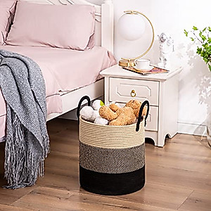 Woven Rope Laundry Basket by TECHMILLY, 42L Baby Nursery Hamper for Clothes Blanket Storage, Large Tall Laundry Hamper for College Dorm, Bedroom, Living Room, Brown & Black