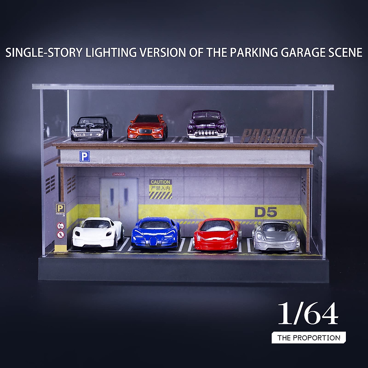 SIKIVOT 1/64 Scale Parking Lot Model Car，Die-cast Car Garage Display Case， Scale Garage Display Case，8 Parking Space with LED Light and Acrylic Cover (7641D5)