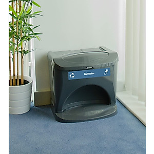 Glasdon Nexus Stack 8G Battery Recycling Bin (Dark Gray, Blue Battery Recycling Decals) – Compact 8-Gallon Stackable Battery Recycle Containers – 1 x 8-Gallon Multi-Waste Battery Bin