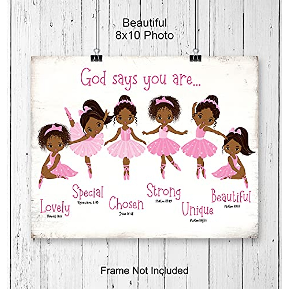 Black Afro African American Girl Wall Art - God Says You Are Christian Bible Verses - Religious Room Decor - Toddler, Little Girls Bedroom Decor - Pink Ballerina Baby Room Decorations - Daughter Gifts