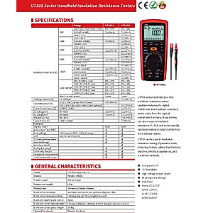 UNI-T UT505A 505B 1000V Digital Handheld True RMS Megger Insulation Resistance Meter Tester Multimeter Ohm Voltmeter Megohmmeter(UT505A)