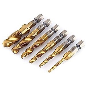6pcs HSS Tap Drill Bit Set, 2 in 1 Speed Steel Metric Thread, M3 M4 M5 M6 M8 M10 Coated HSS Drill and Tap Bits,HSS Metric Hex Shank Screw Taps Tool Set