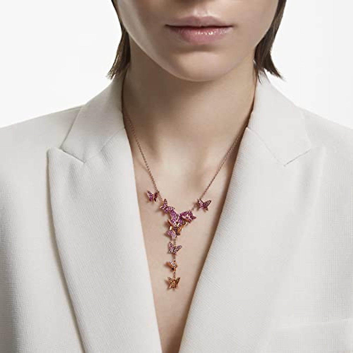 SWAROVSKI Lilia Y-Necklace with Pink Butterfly Motifs and Pink Crystal Pavé, Rose Gold-Tone Plating, on a Rose Gold-Tone Finish Chain, Part of the Lilia Collection
